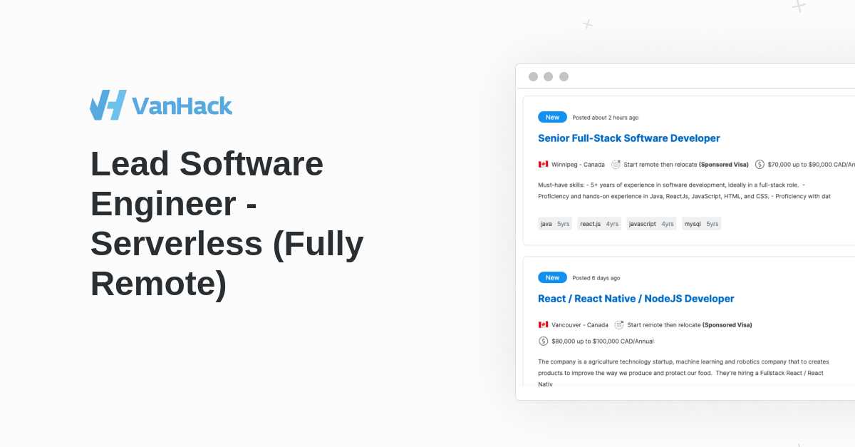 Lead Software Engineer - Serverless (Fully Remote) - VanHack